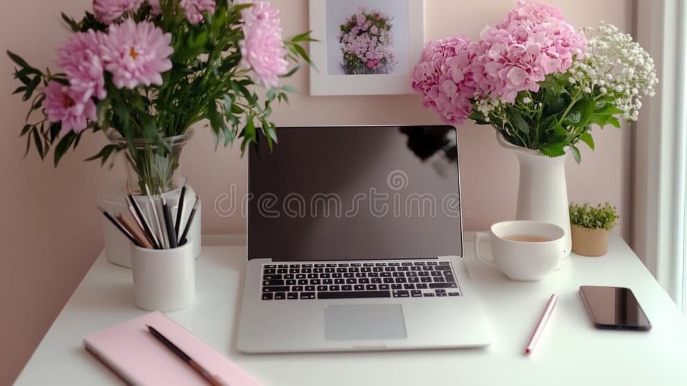 A Computer Desk with a Laptop (Similar To a Macbook), Books, Coffee ...