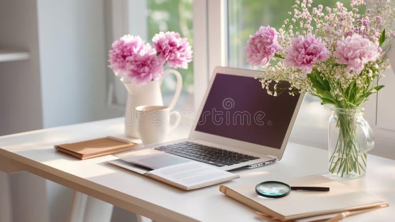 A Computer Desk with a Laptop (Similar To a Macbook), Books, Coffee, a ...