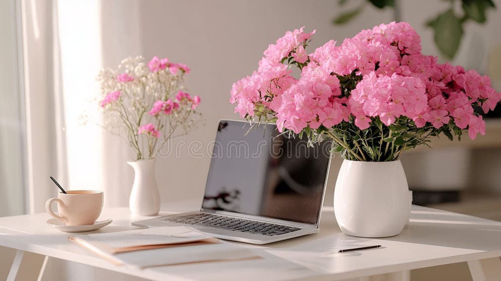 A Computer Desk with a Laptop (Similar To a Macbook), Books, Coffee, a ...
