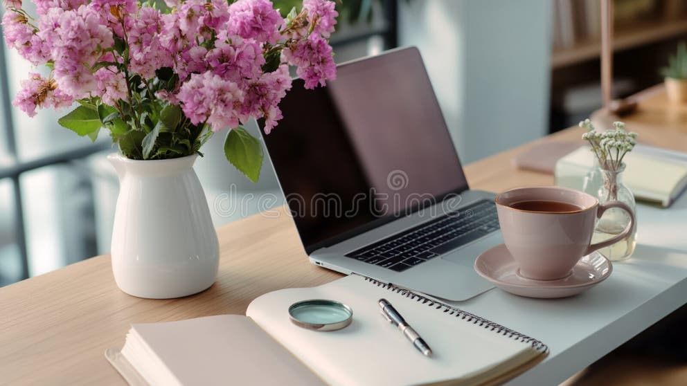 A Computer Desk with a Laptop (Similar To a Macbook), Books, Coffee, a ...