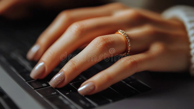 Delicate Woman Hands Wearing Rings and Glittery Nude Nail Polish Typing ...