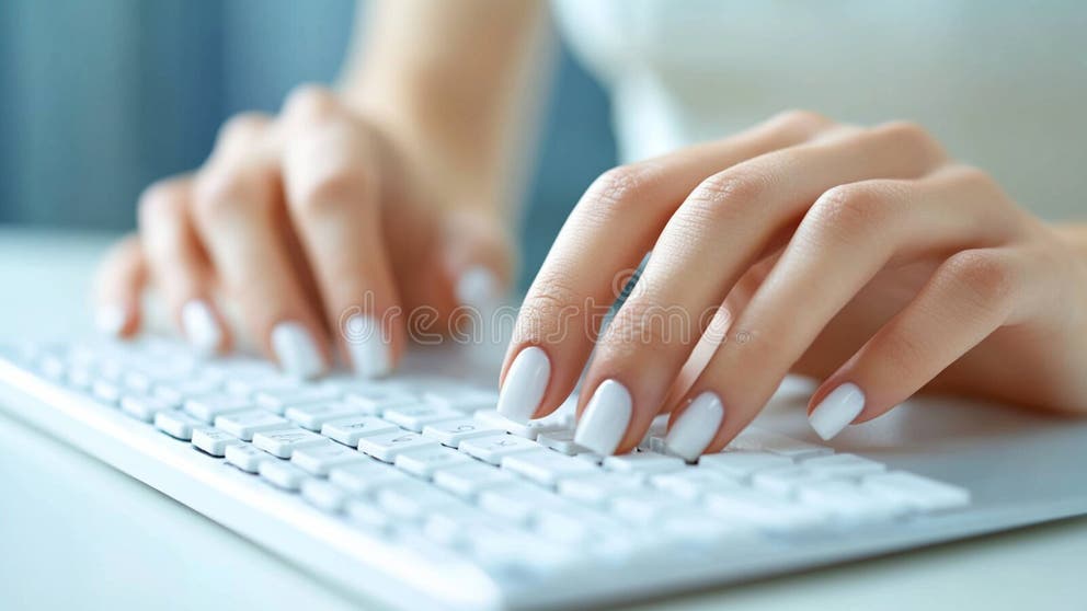 Female Hands Wearing Delicate Nail Polish Writing and Typing on a ...