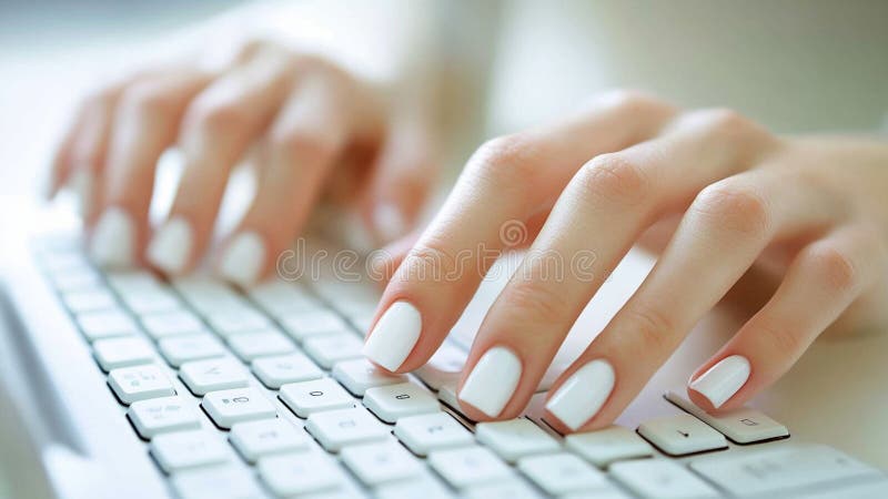 Female Hands Wearing Delicate Nail Polish Writing and Typing on a ...