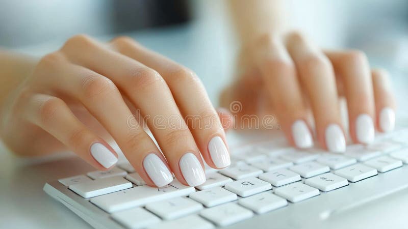 Female Hands Wearing Delicate Nail Polish Writing and Typing on a ...
