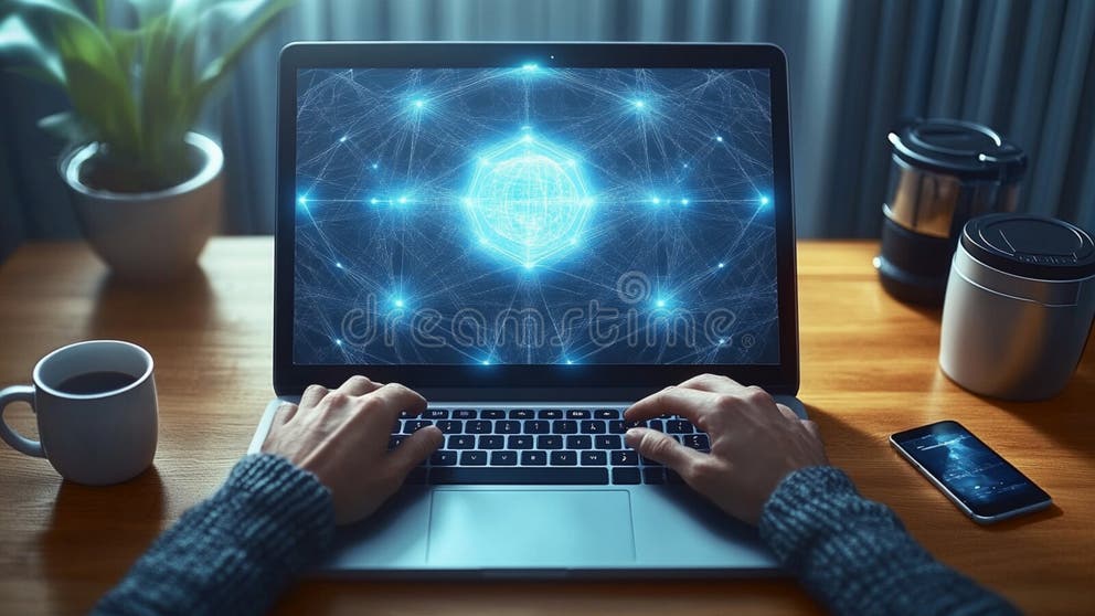 Hacker Man Typing on a Laptop Notebook Keyboard Accessing the Dark Web ...