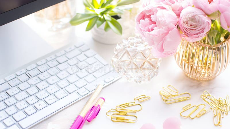 Feminine Office Desk with White Computer Monitor Keyboard, Pink Flower ...