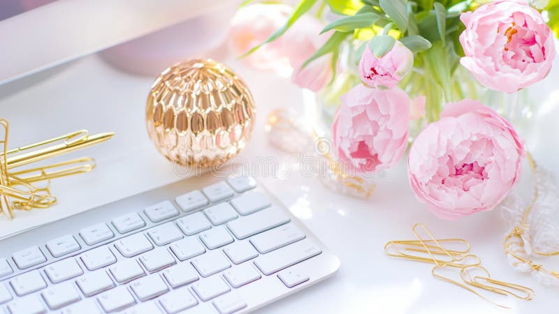 Feminine Office Desk with White Computer Monitor Keyboard, Pink Flower ...