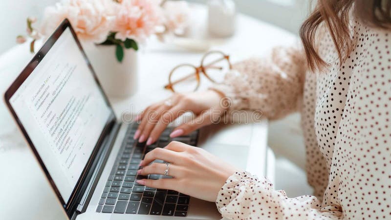 Feminine Woman in Polka Dot Working on a Computer Laptop Notebook on ...