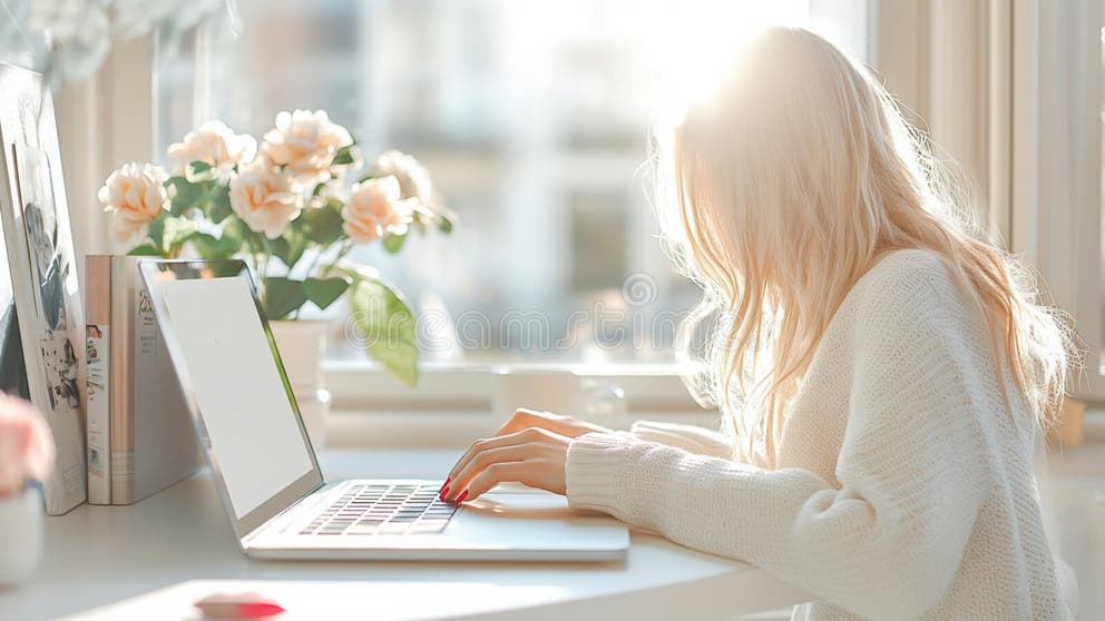 Feminine Blonde Woman in Comfortable Clothes at Home Working on a ...