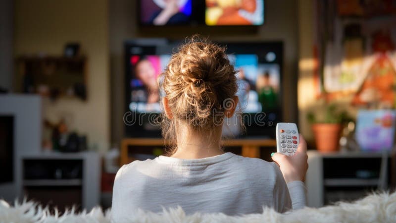 A Woman Holding a TV Control Remote Switching Channels Turning on a ...