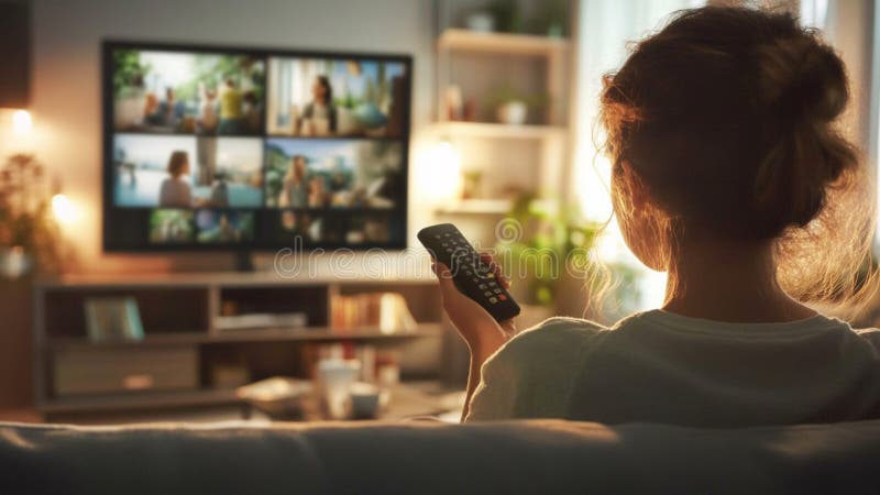 A Woman Holding a TV Control Remote Switching Channels Turning on a ...