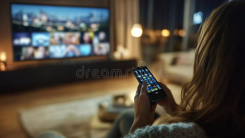 A Woman Holding a TV Control Remote Switching Channels Turning on a ...