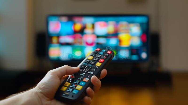 Hand Holding a TV Control Remote Switching Channels or Turning on a ...
