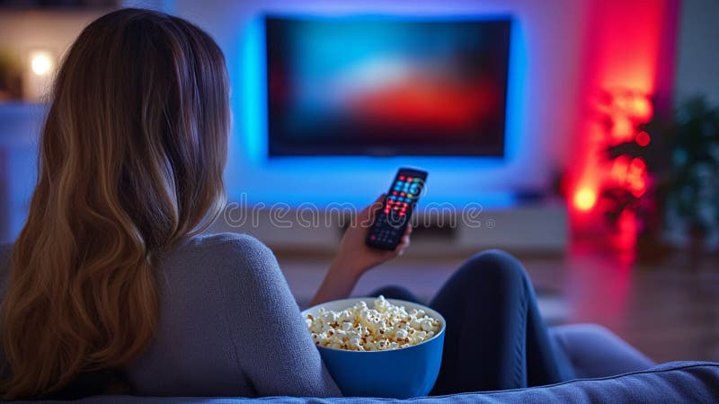 Woman Eating Popcorn while Watching TV, Movies, Shows, Programs ...