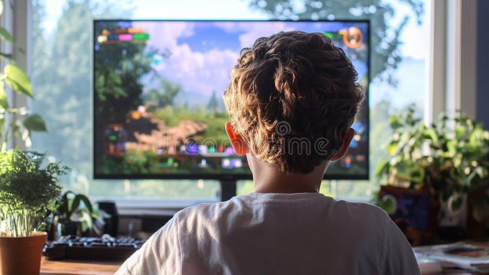 Young Little Boy Child Kid Playing Virtual Video Games on Computer PC ...