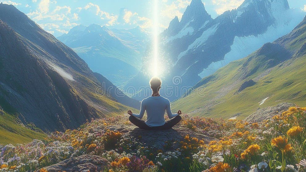 Enlightened Man Meditating Channeling on a Peaceful Quiet Mountain ...