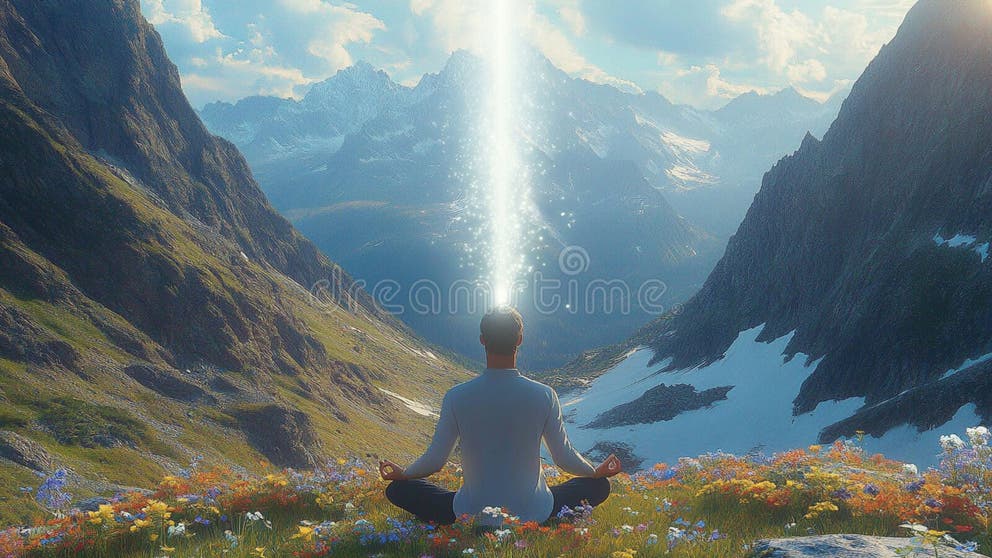 Enlightened Man Meditating Channeling on a Peaceful Quiet Mountain ...