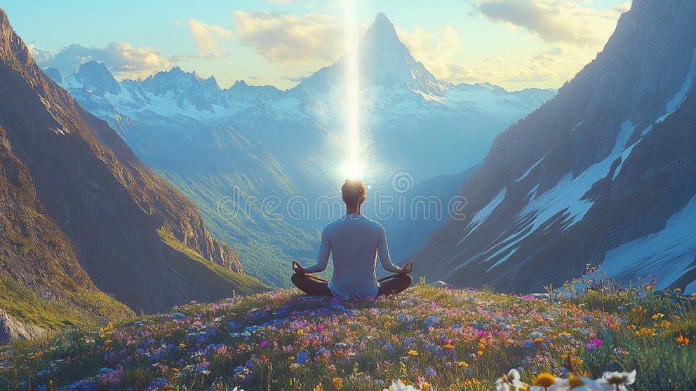Enlightened Man Meditating Channeling on a Peaceful Quiet Mountain ...