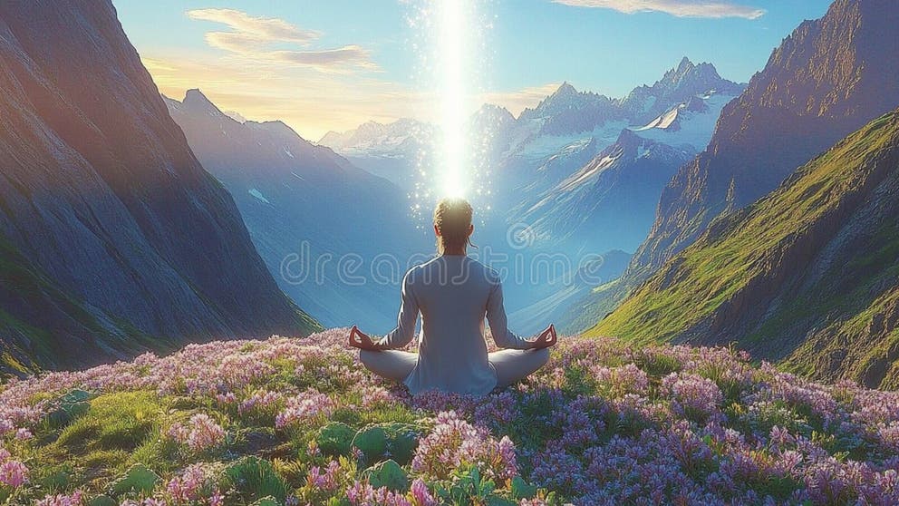 Enlightened Man Meditating Channeling on a Peaceful Quiet Mountain ...