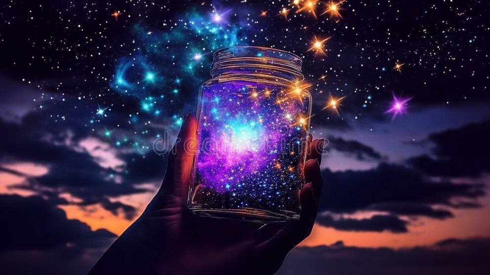 Glass Jug Jar with Glowing Lights, Cosmic Nebula, Shining Stars ...