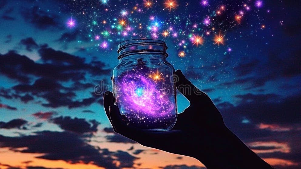 Glass Jug Jar with Glowing Lights, Cosmic Nebula, Shining Stars ...