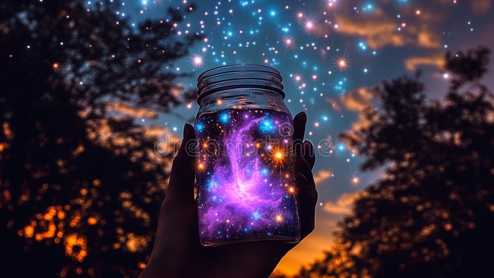 Glass Jug Jar with Glowing Lights, Cosmic Nebula, Shining Stars ...