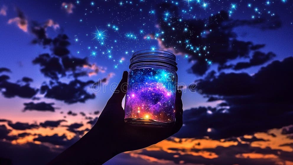 Glass Jug Jar with Glowing Lights, Cosmic Nebula, Shining Stars ...