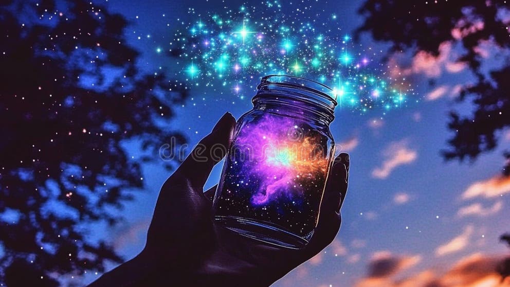 Glass Jug Jar with Glowing Lights, Cosmic Nebula, Shining Stars ...