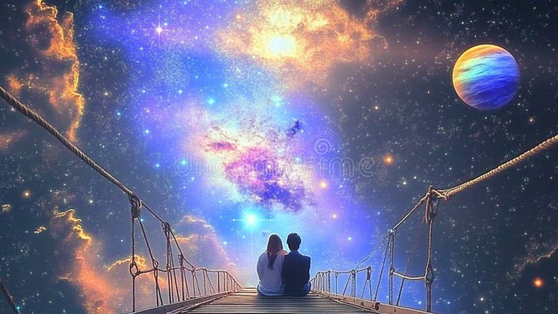 Soulmate Couple Inside an Astral Dream Sitting on a Fantasy Bridge in a ...