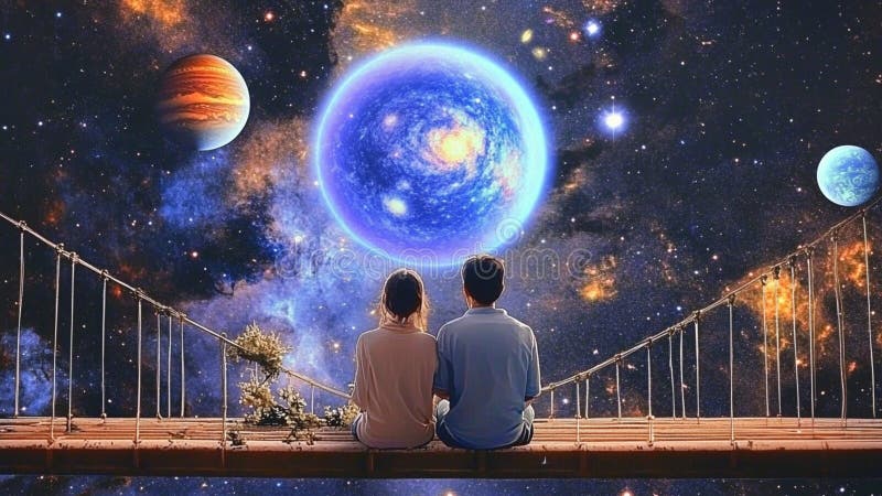 Soulmate Couple Inside an Astral Dream Sitting on a Fantasy Bridge in a ...