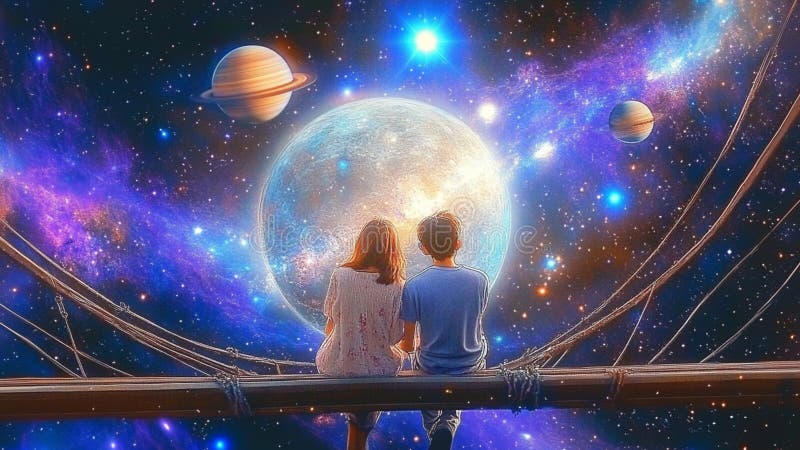 Soulmate Couple Inside an Astral Dream Sitting on a Fantasy Bridge in a ...
