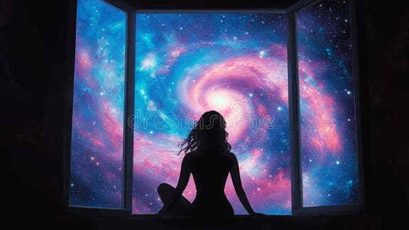 Woman Silhouette at a Window Displaying a Pink Galaxy Vortex Spiral ...