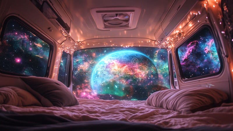 Inside a Dream Van with a Bed with Windows Displaying a Fantasy ...