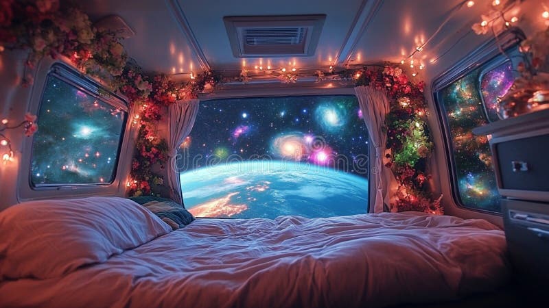 Inside a Dream Van with a Bed with Windows Displaying a Fantasy ...