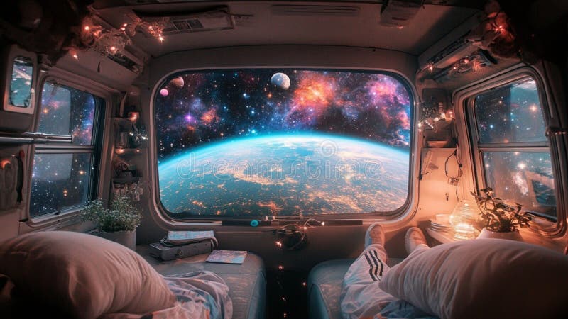 Inside a Dream Van with a Bed with Windows Displaying a Fantasy ...