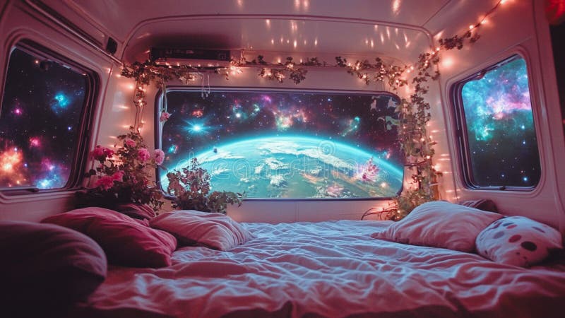 Inside a Dream Van with a Bed with Windows Displaying a Fantasy ...