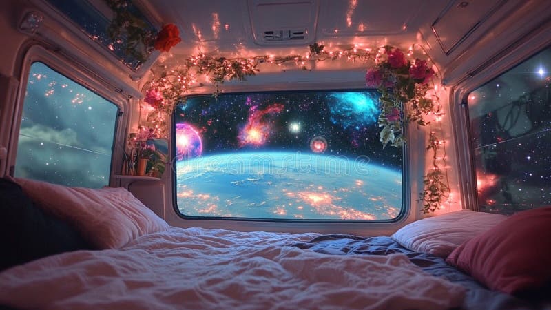 Inside a Dream Van with a Bed with Windows Displaying a Fantasy ...