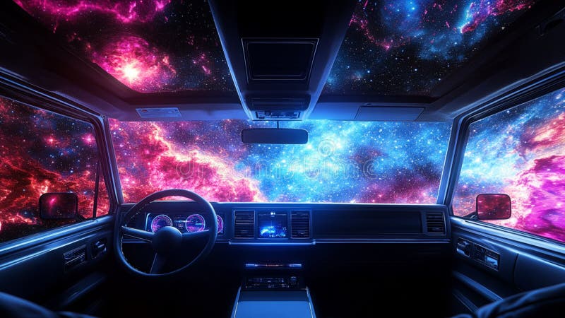 Inside a Car with Windows Displaying Cosmic Colorful Nebulas in Purple ...