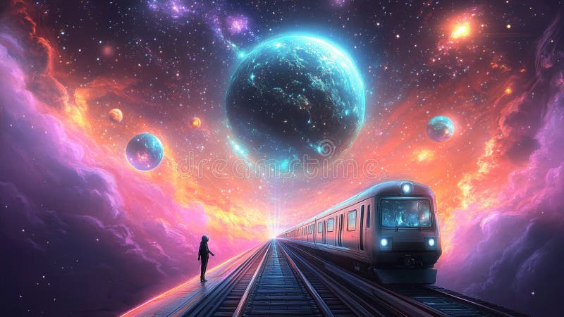 Dream of an Astronaut in a Dream Cosmos with a Train Railroad Station ...