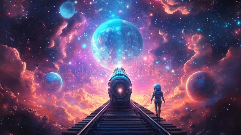 Dream of an Astronaut in a Dream Cosmos with a Train Railroad Station ...