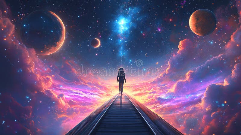 Dream of an Astronaut in a Dream Cosmos with a Train Railroad Station ...