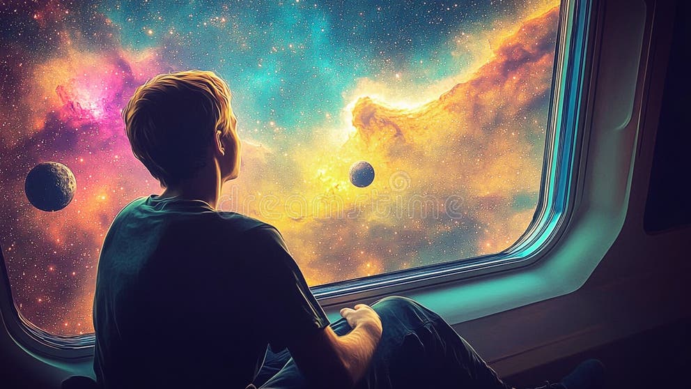 Extracted Future Teen Boy Dreaming of Looking through a Spaceship ...