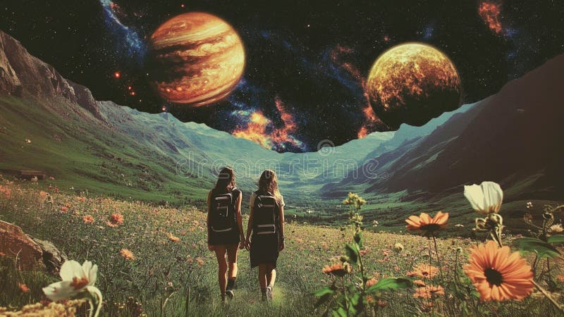 Girl Friends Walking in Wonderland Dream Realm Filled with Magical ...