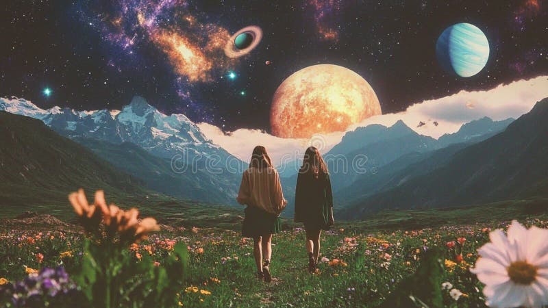 Girl Friends Walking in Wonderland Dream Realm Filled with Magical ...