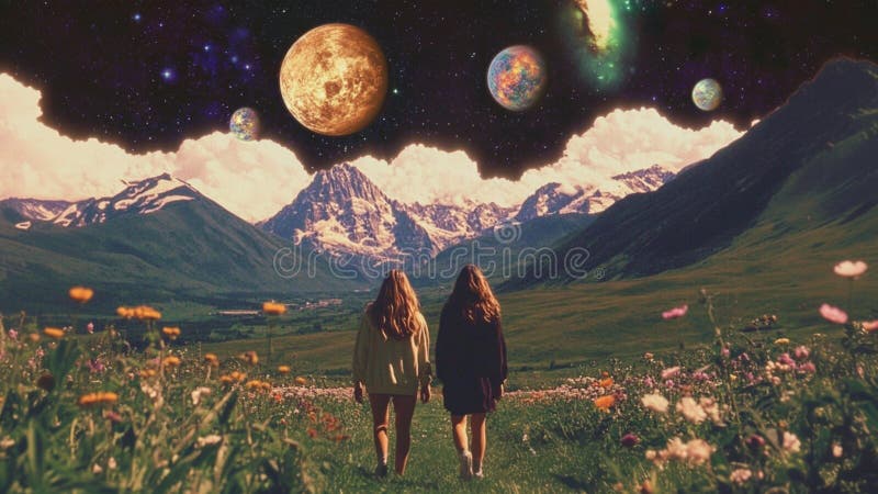 Girl Friends Walking in Wonderland Dream Realm Filled with Magical ...