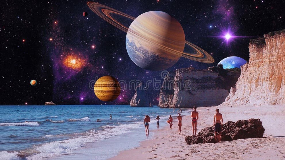 An Ethereal Dreamy Beach with a Blue OceanUnder a Fantasy Cosmic Sky ...