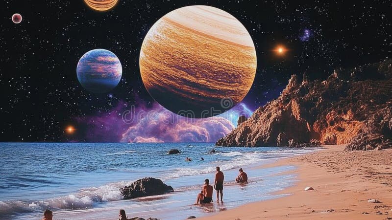 An Ethereal Dreamy Beach with a Blue OceanUnder a Fantasy Cosmic Sky ...