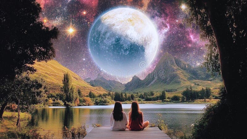 Girl Friends Sitting at a Lake in a Park in a Dream Realm Filled with ...