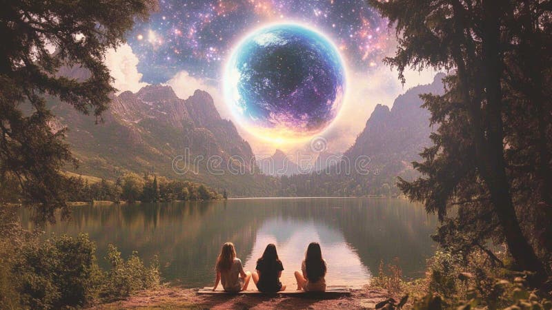 Girl Friends Sitting at a Lake in a Park in a Dream Realm Filled with ...