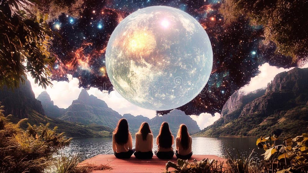 Girl Friends Sitting at a Lake in a Park in a Dream Realm Filled with ...